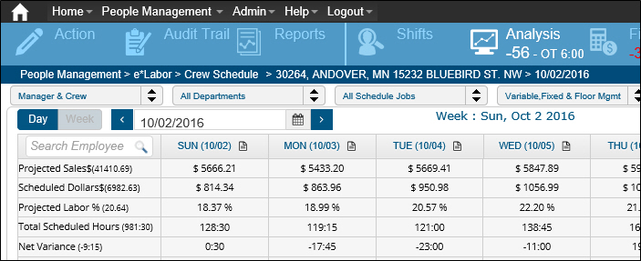 eLabor: Crew Schedule Screen